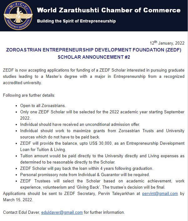 Announcement of ZEDF Scholar - Zoroastrians.net
