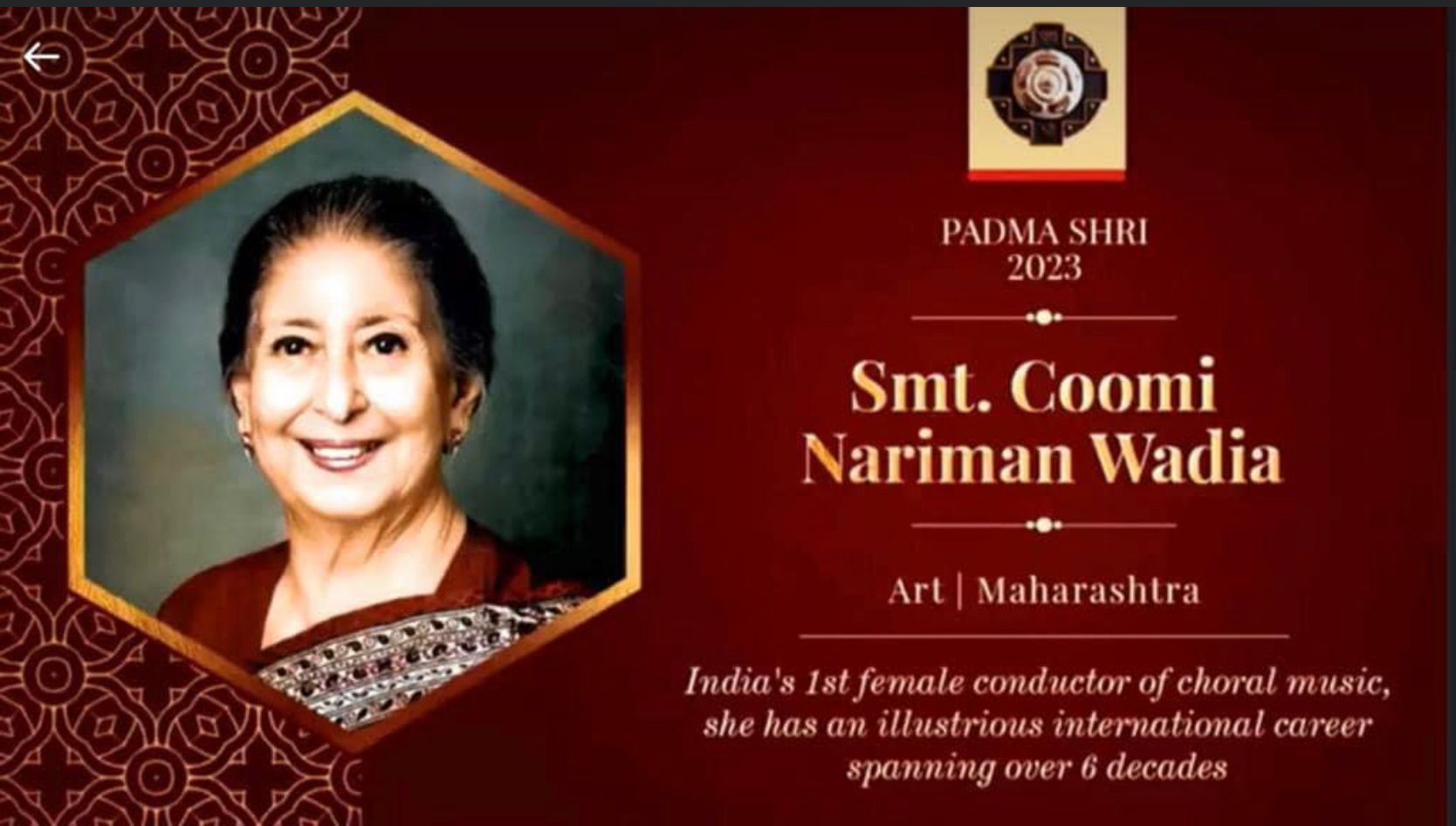 Coomi Nariman Wadia awarded Padma Shri - 2023 - Zoroastrians.net